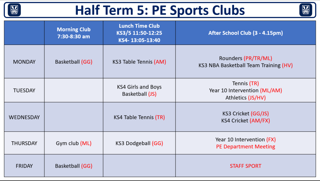 PE Extracurricular Timetable – Heath Park
